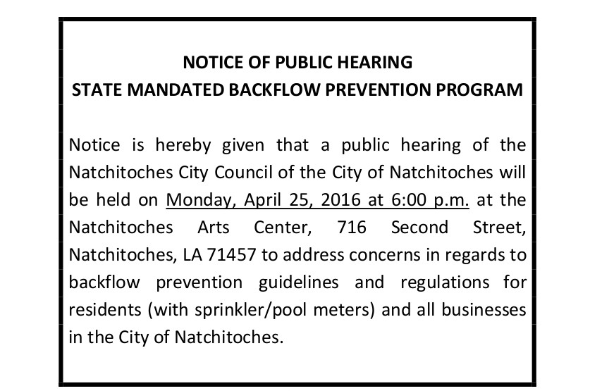NOTICE OF PUBLIC HEARING BACKFLOW PREVENTION | Natchitoches Parish Journal